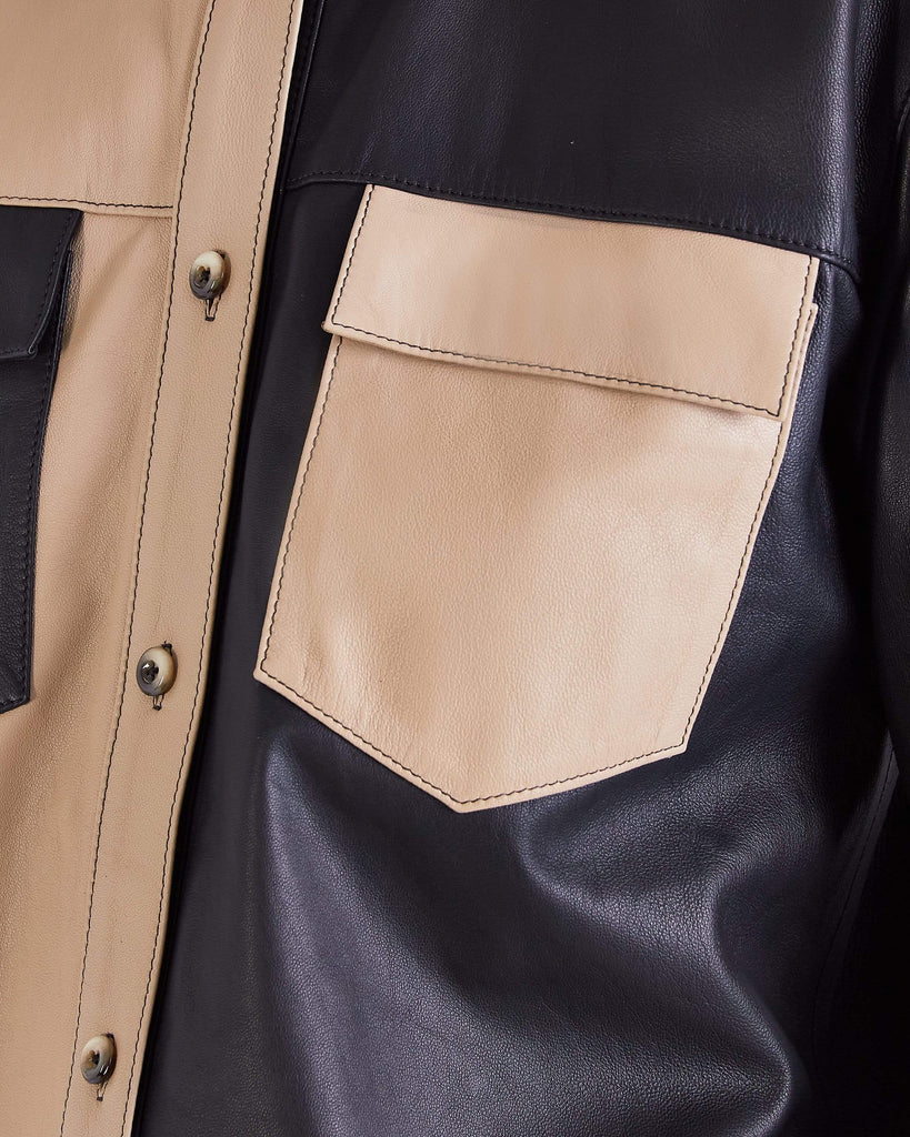 Aurore LEATHER UTILITY SHIRT - BEIGE/BLACK – SKIIM Paris